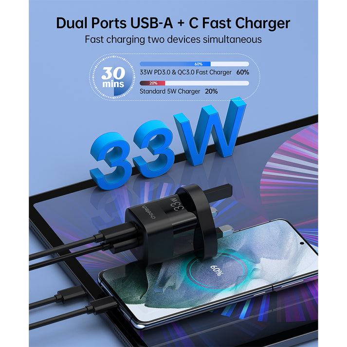 Choetech PD33W GaN USB A+C Wall Charger with C-C Cable - Black ...